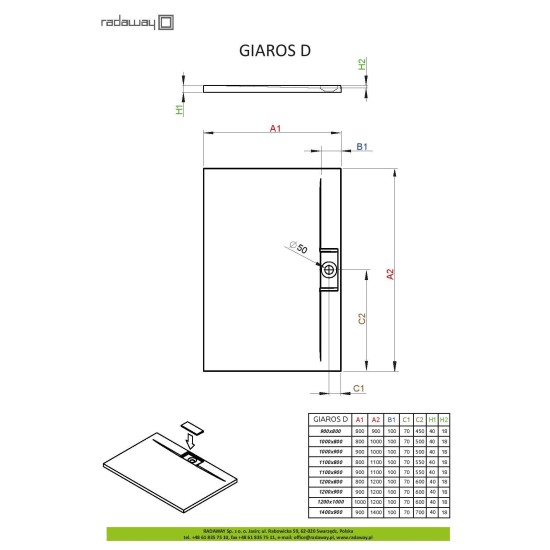 Cadita de dus dreptunghiulara GIAROS D 120 x 80 cm RADAWAY - EvoGres Online
